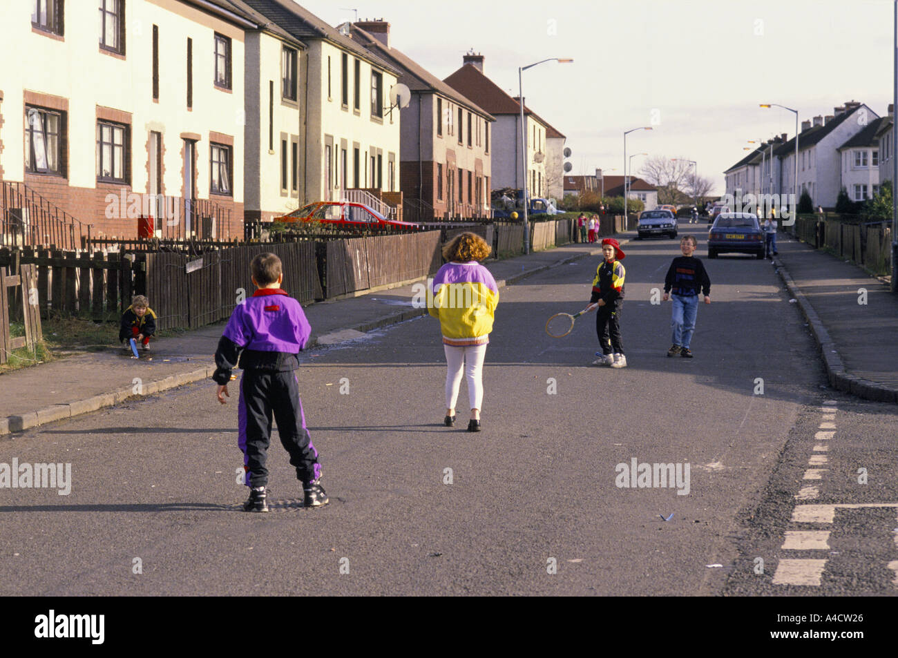 Motherwell, Scotland. Children playing in the street. Ravenscraig steel ...