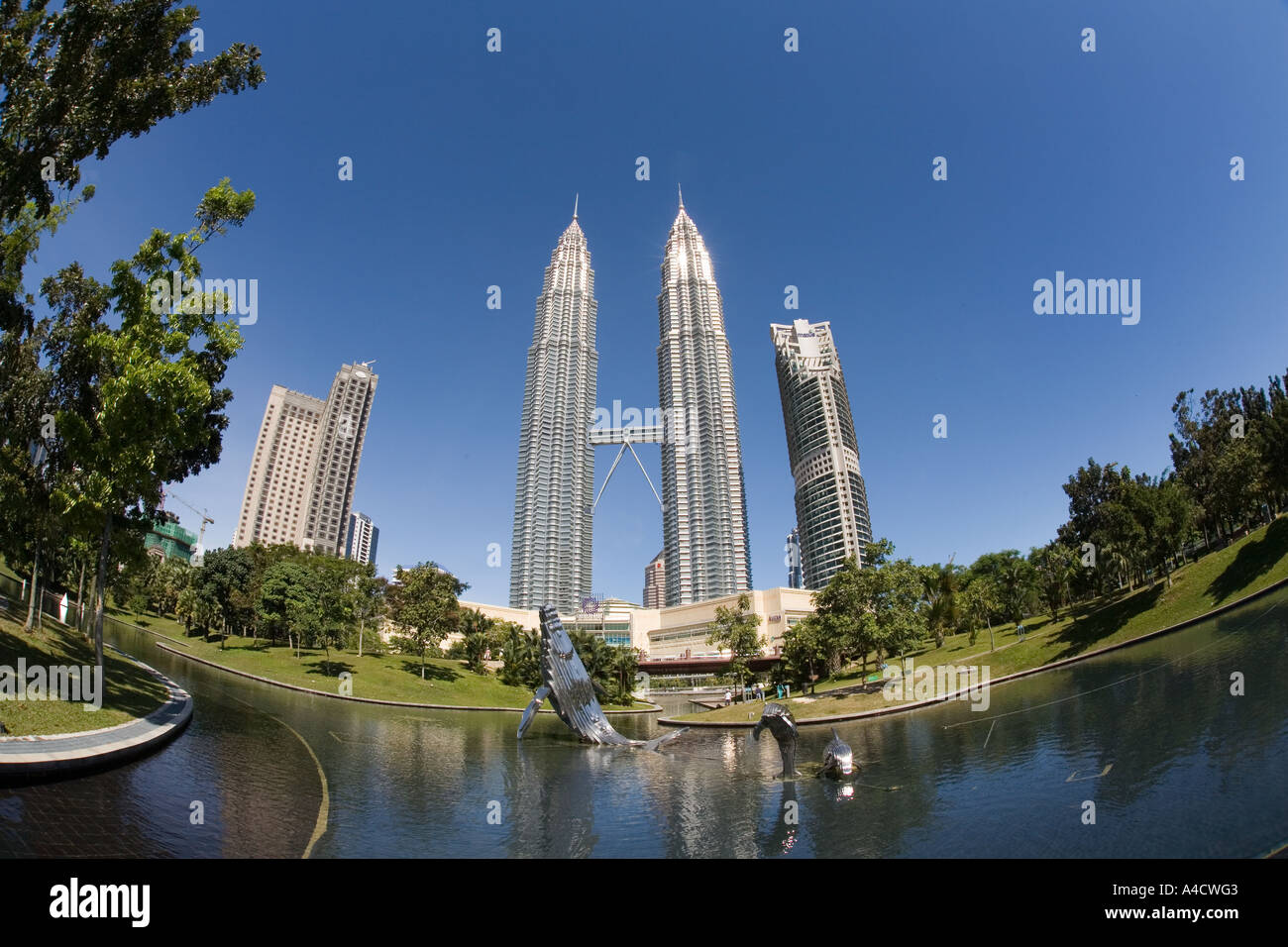 Malaysia Kuala Lumpur fish eye view business district and Petronas Twin ...