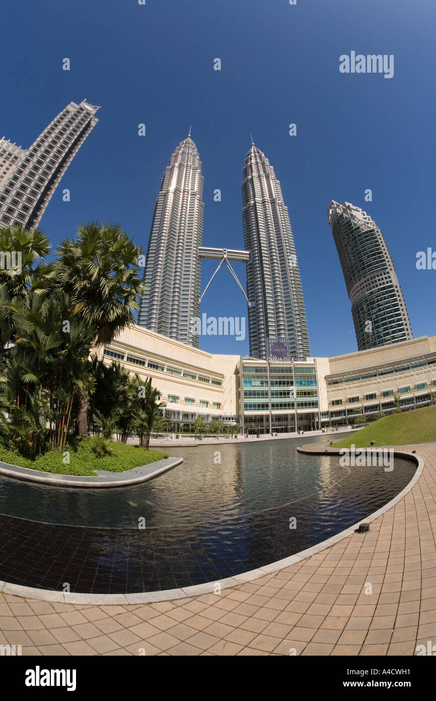 Malaysia Kuala Lumpur fish eye view Petronas Twin Towers and KLCC Suria ...