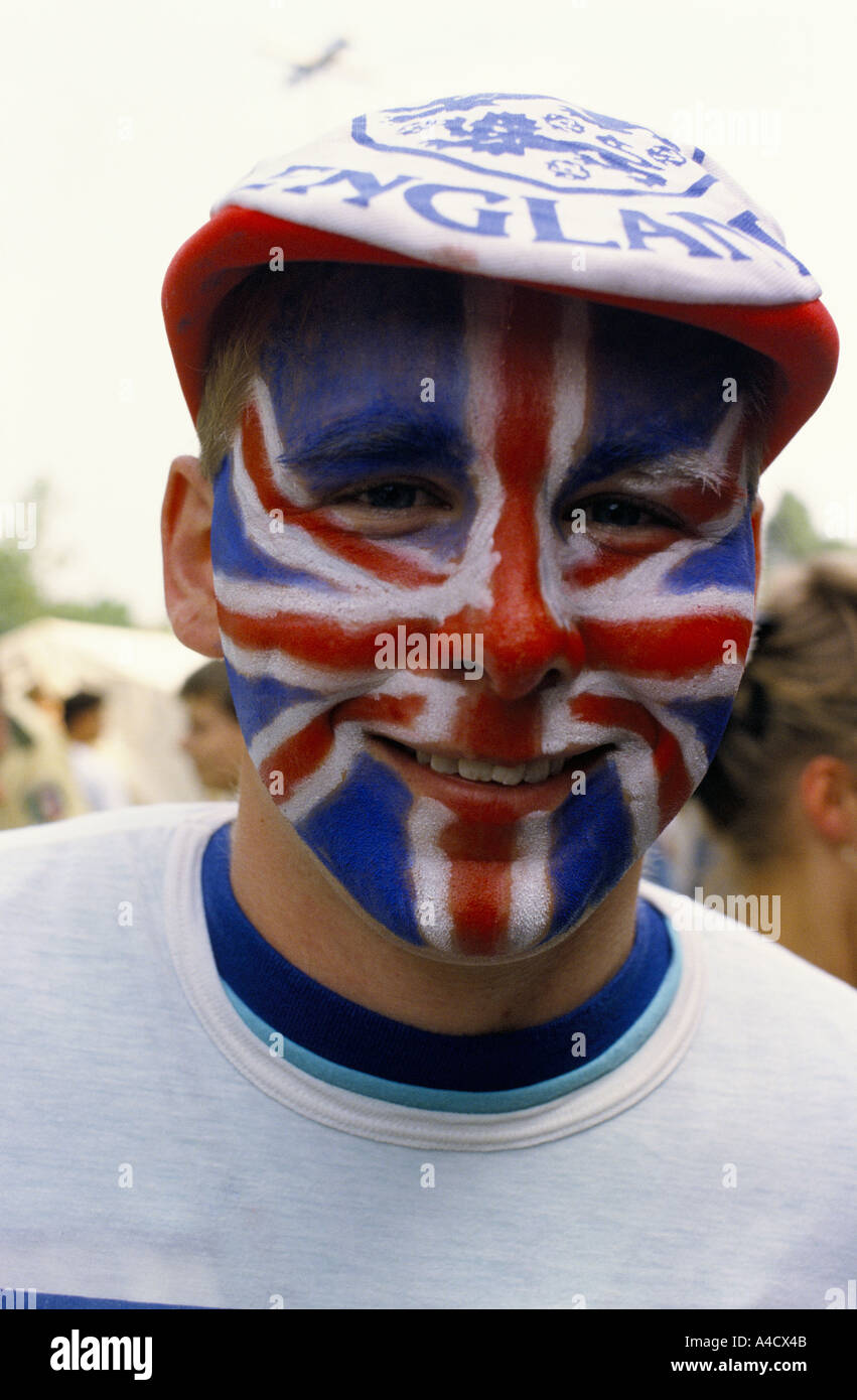 English football fan with a Union Jack painted onto his face, West ...