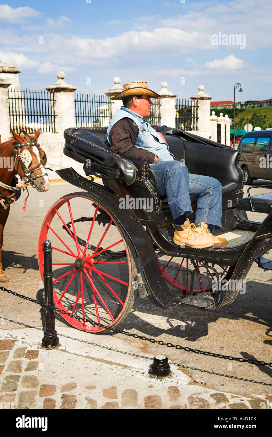 Carriage driver sitting in open top carriage, Plaza de Armas, Havana ...