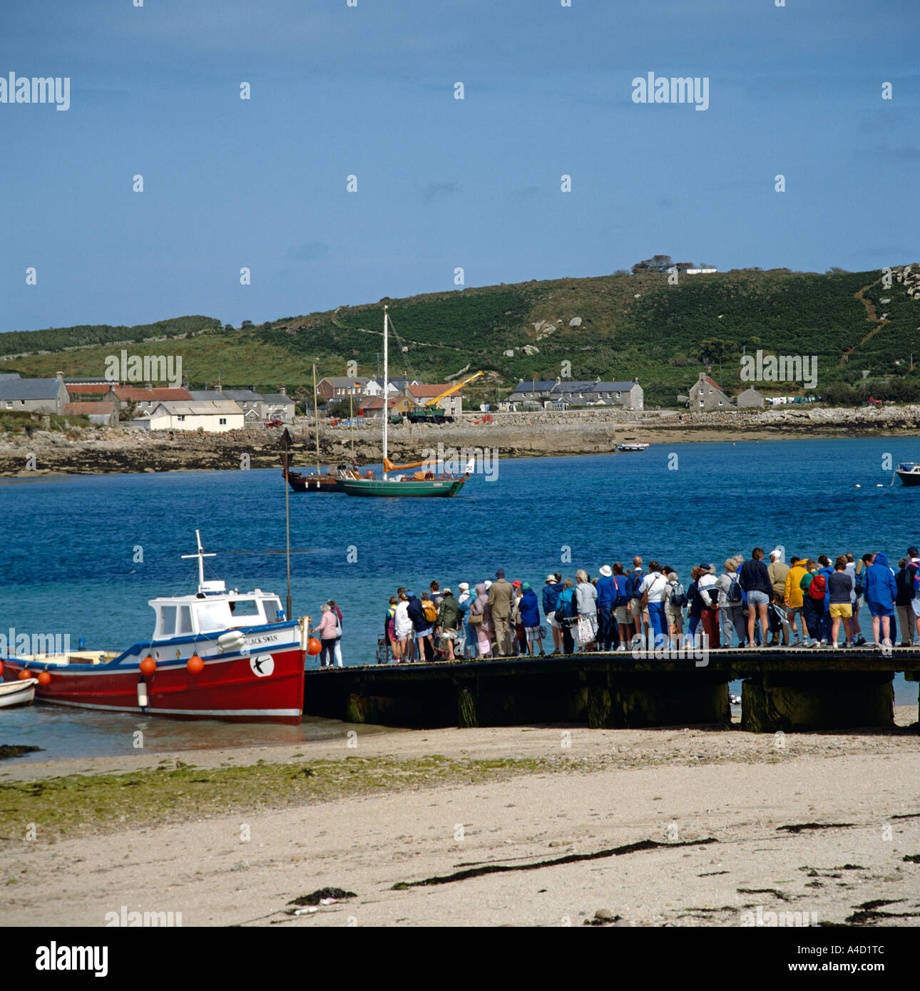 Inter island ferry on the quay on Bryher in the Scilly Isles south ...