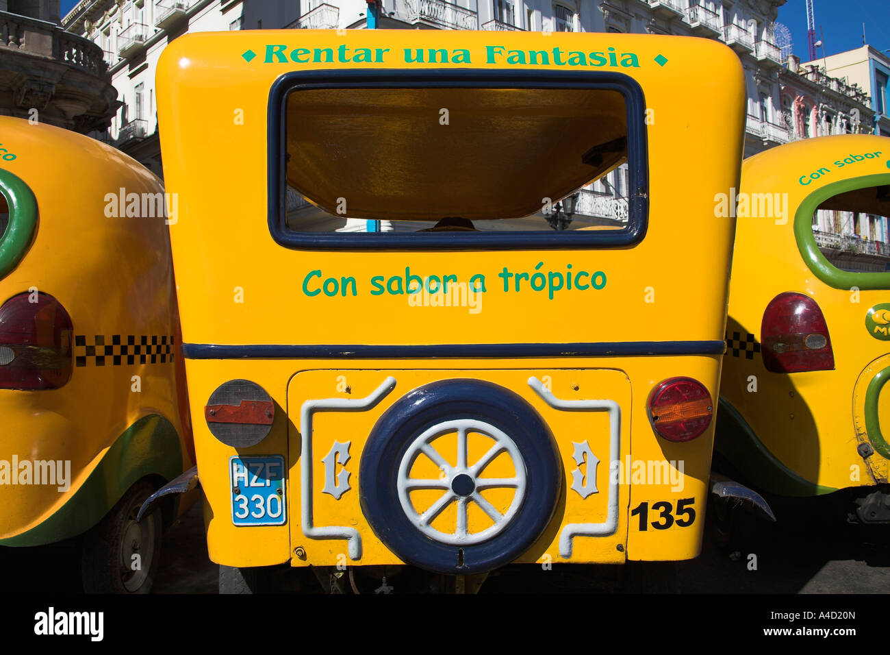Three wheeled taxi parked at a taxi rank, Havana, La Habana Vieja, Cuba ...
