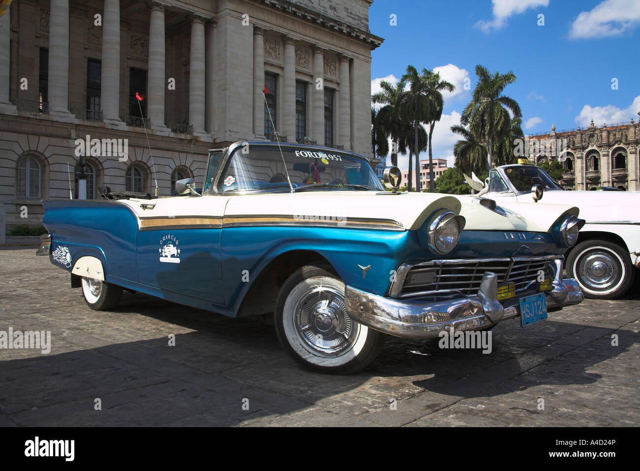 Classic 1957 American blue and white Ford convertible open top taxi ...