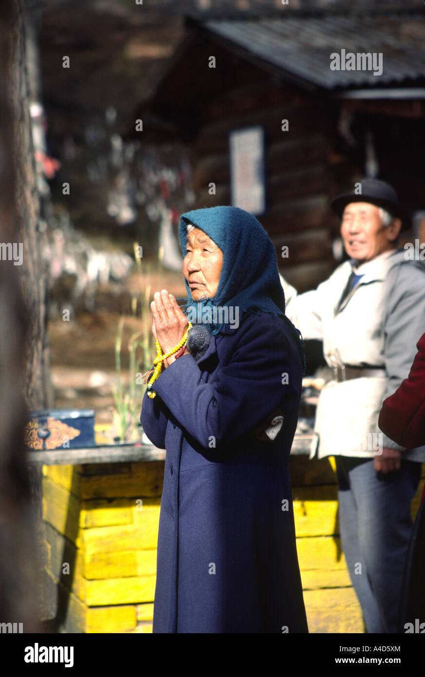 Buddhist Temple Shamans Performing Ritual old woman praying Outside ...