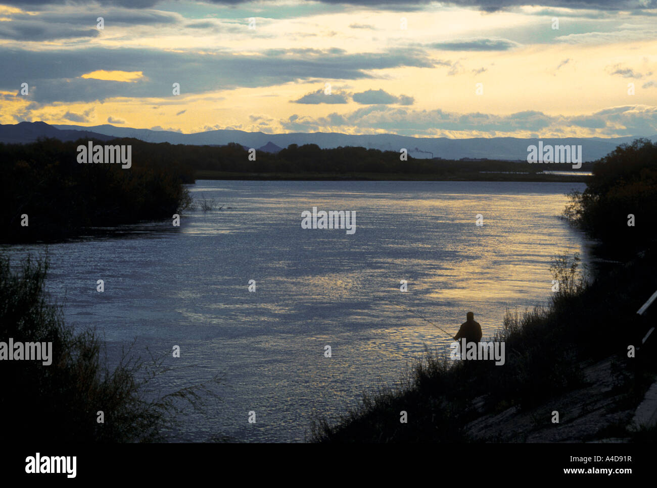 Sunset Over River Uda, Man Fishing, Ulan Ude, Buriatya [Eastern Siberia ...