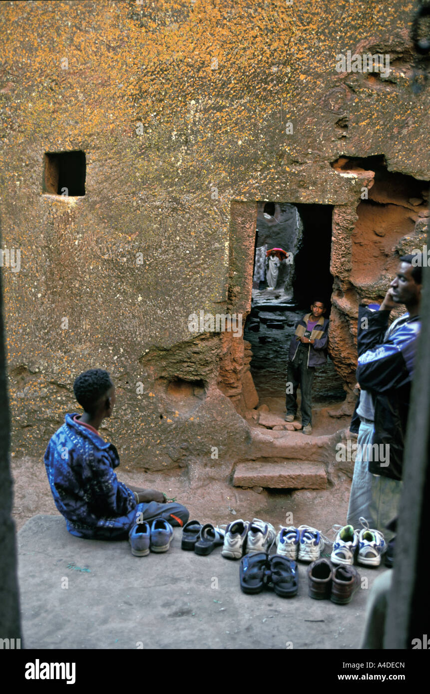 Children guarding Tourists shoes in Bet Gabriel Lalibela Ethiopia Stock ...