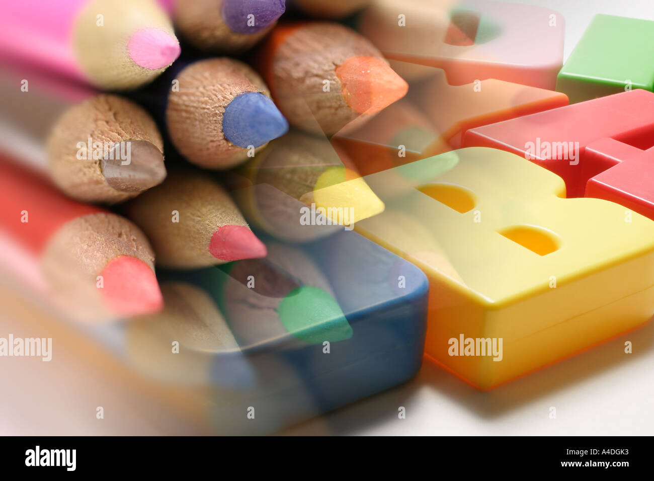 Colour Pencils and Alphabet Blocks Stock Photo - Alamy