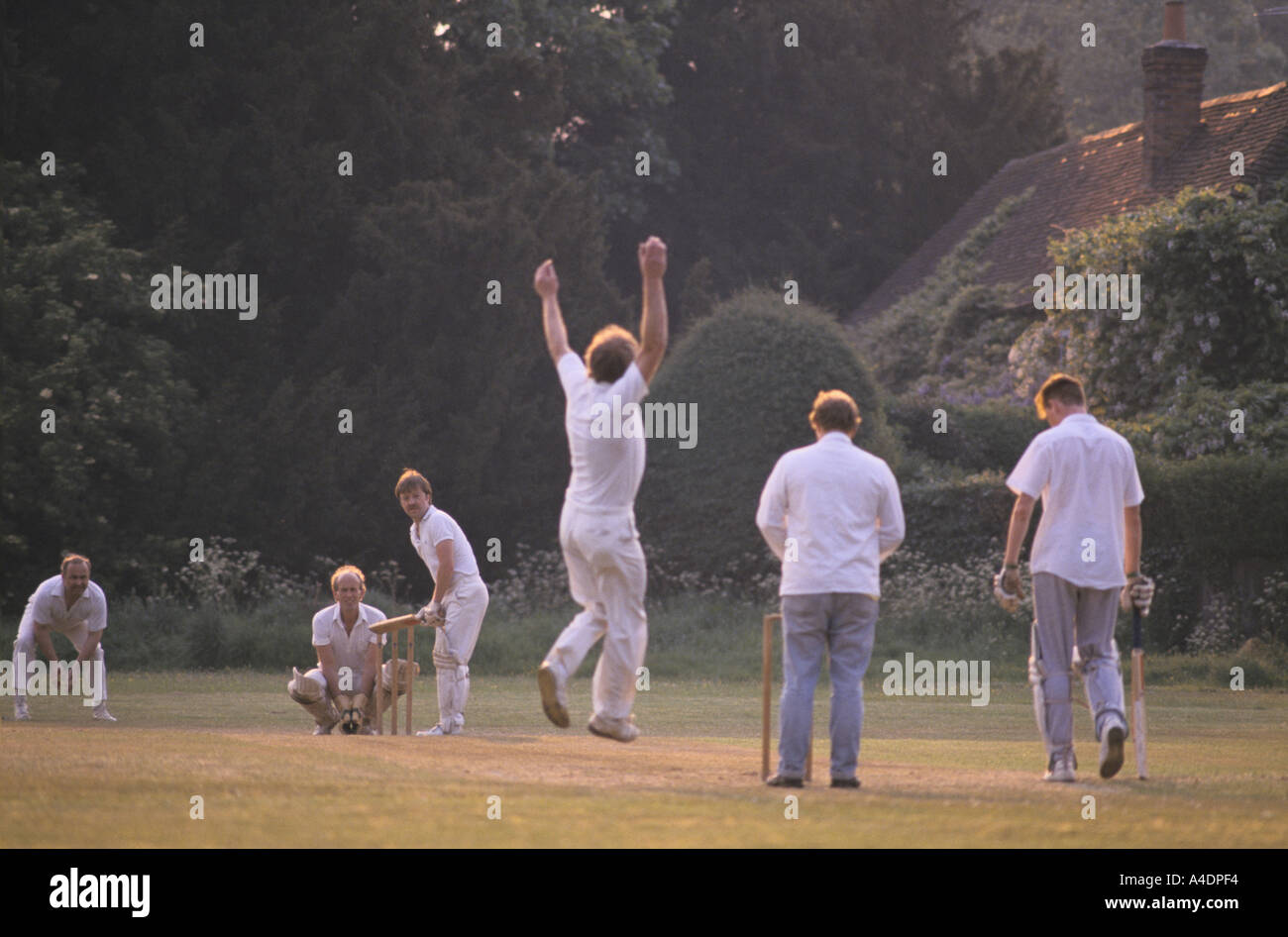 Men playing village cricket, UK Stock Photo - Alamy