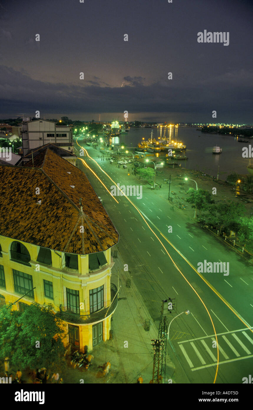 Light trails of the very light traffic and lightening on the horizon ...