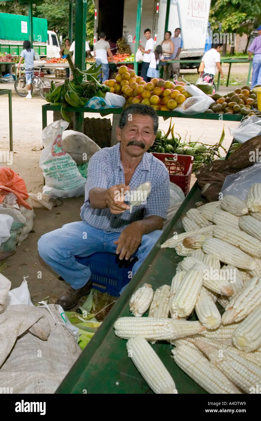 Local husking corn at fruit and vegetable market on outskirts of Nicoya ...