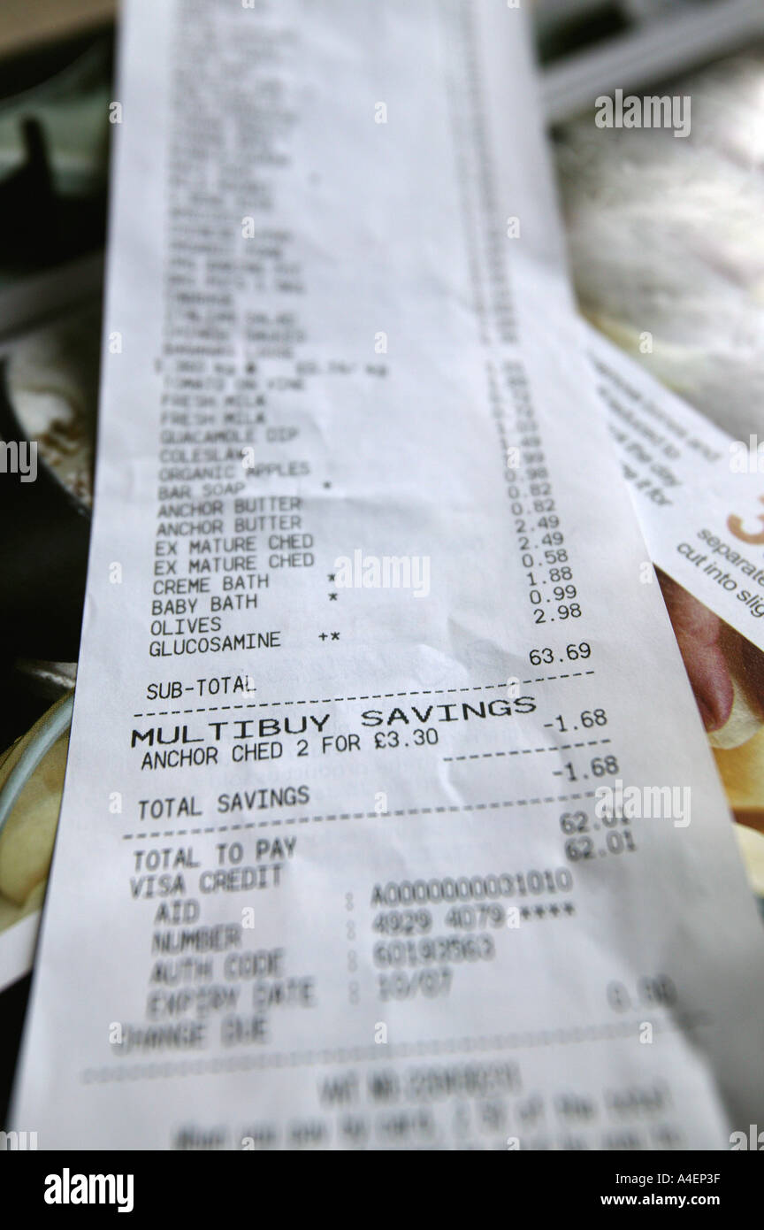 Supermarket shopping till recipt bill in England UK Stock Photo - Alamy