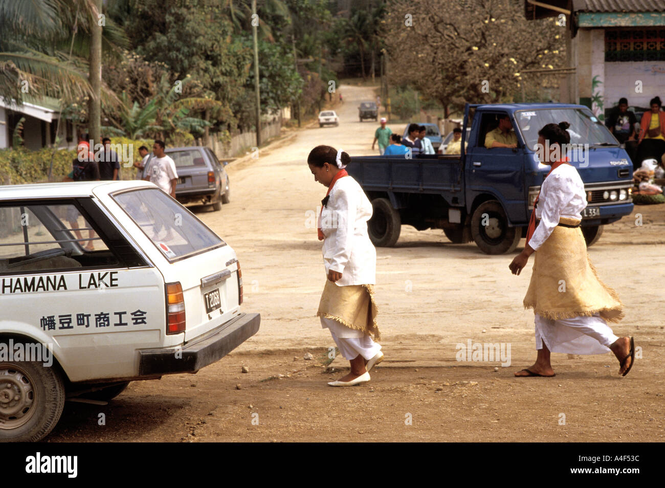 Tonga Neiafu Vavau Women walking past car with Japanese lettering Stock ...