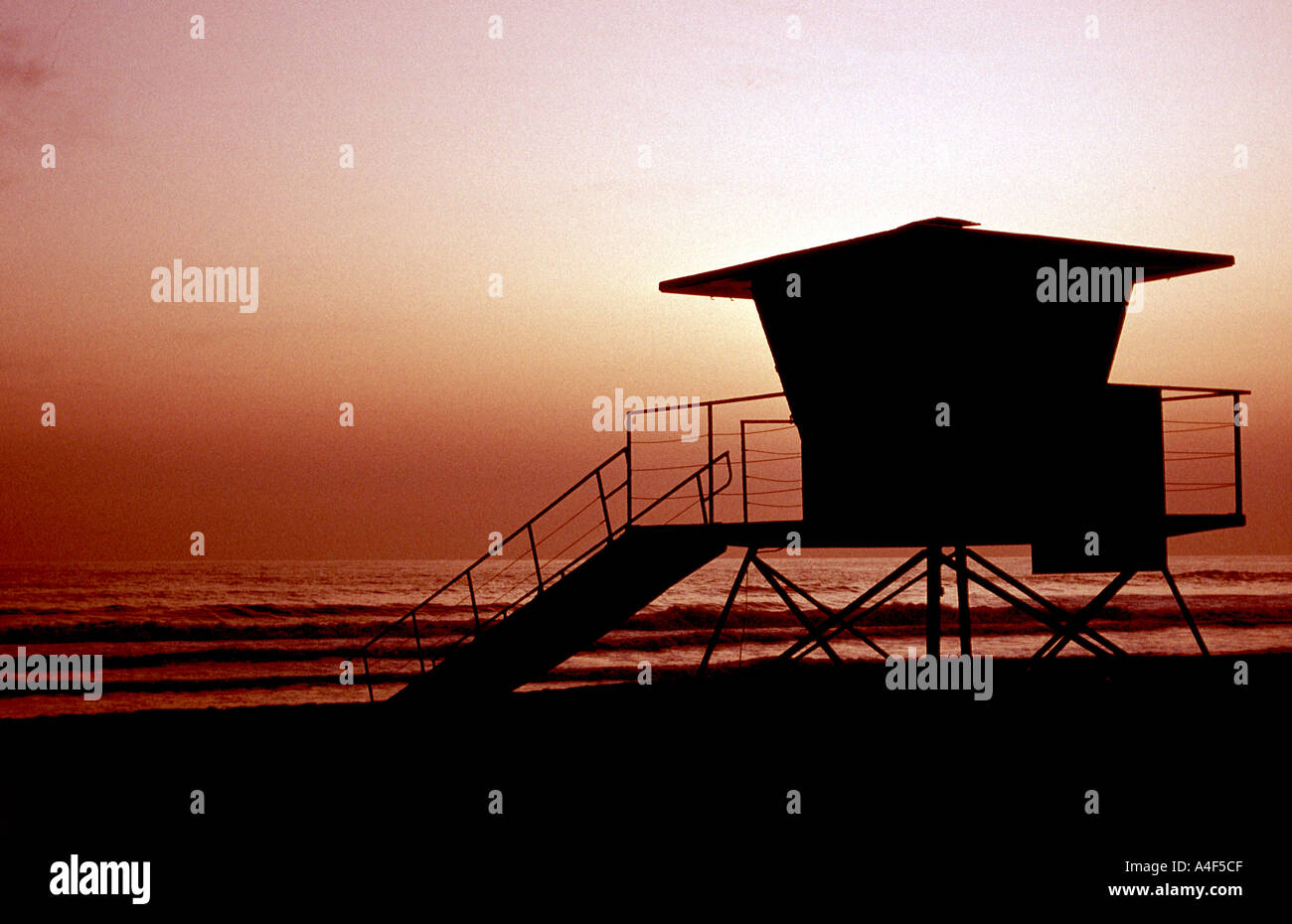 Lifeguard tower on beach at sunset Los Angeles California Stock Photo ...