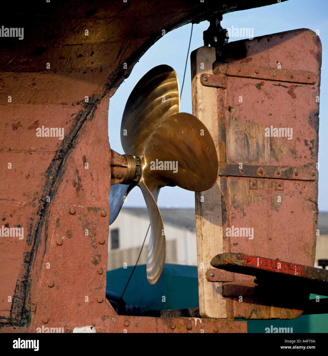 Aluminium bronze propeller on a boat, ship repair yard, Grimsby ...