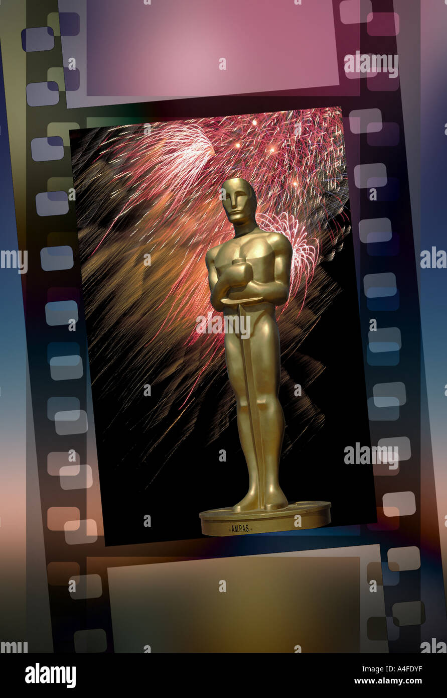 Oscar statue inside film frame with fireworks in the background Stock ...