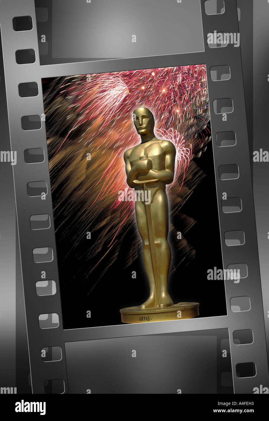 Oscar statue inside film frame with fireworks in the background Stock ...