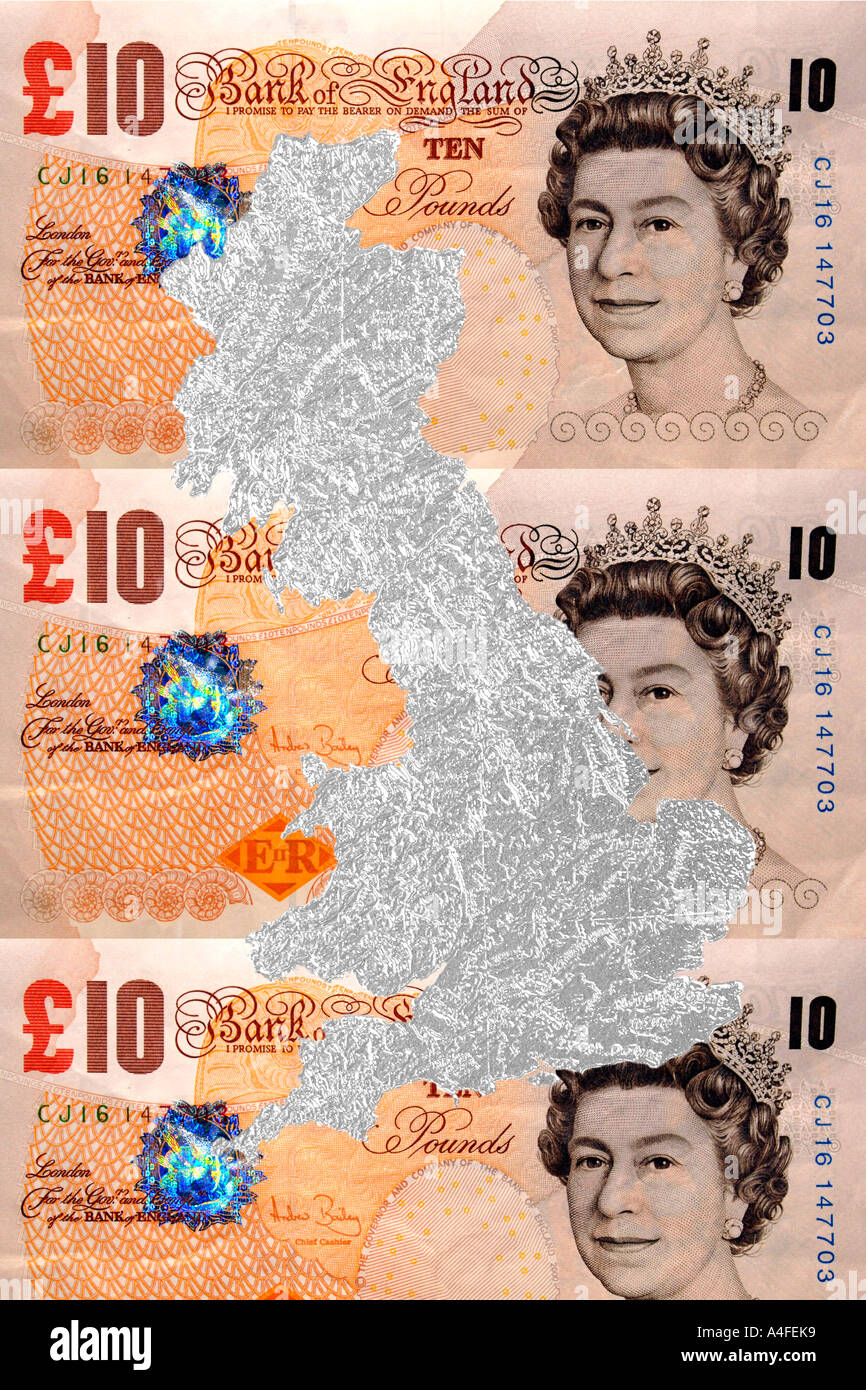 England concept photo of ten pound notes and the outline of Great ...