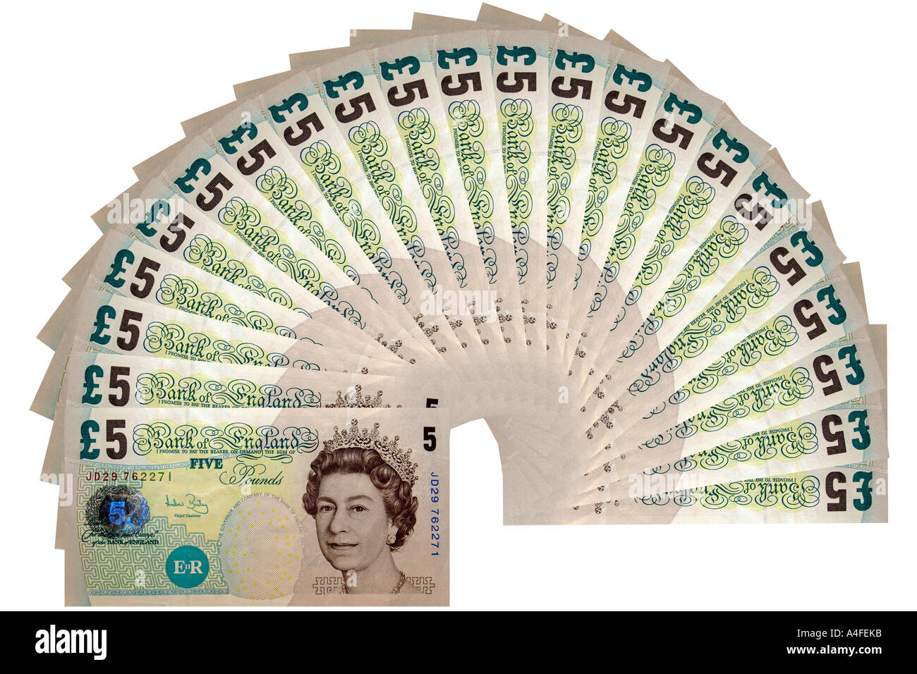 Fan of 5 pound notes against a white background Stock Photo - Alamy