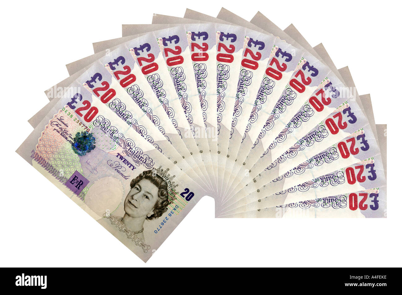 Fan of 20 pound notes against a white background Stock Photo - Alamy