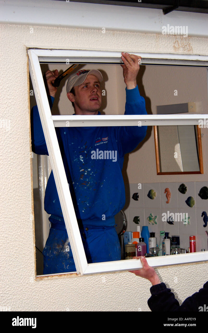 UPVC Window Installation on a mobile home by professional fitters Stock ...