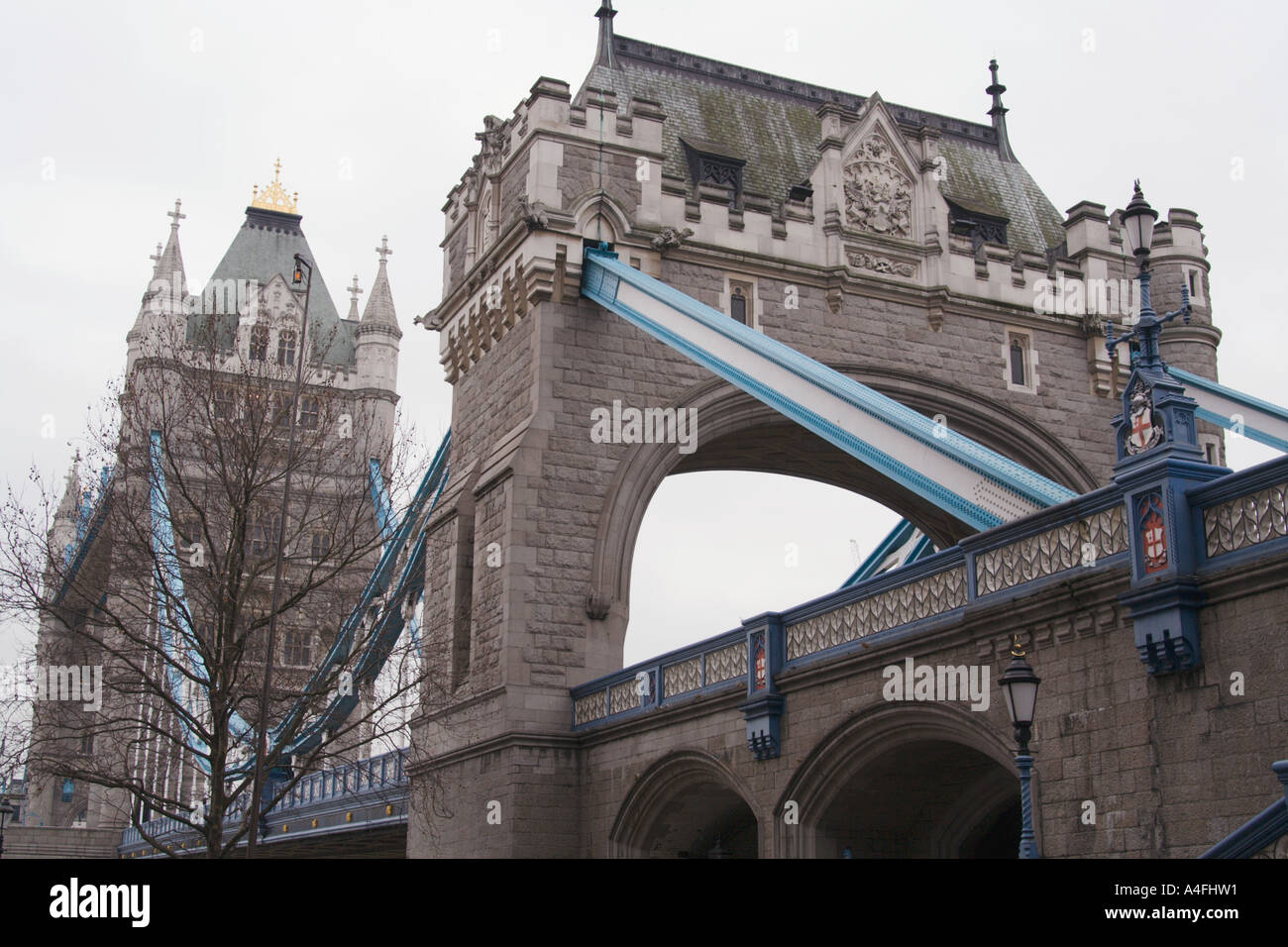 Tower Bridge on the River Thames in London, England detail side view ...