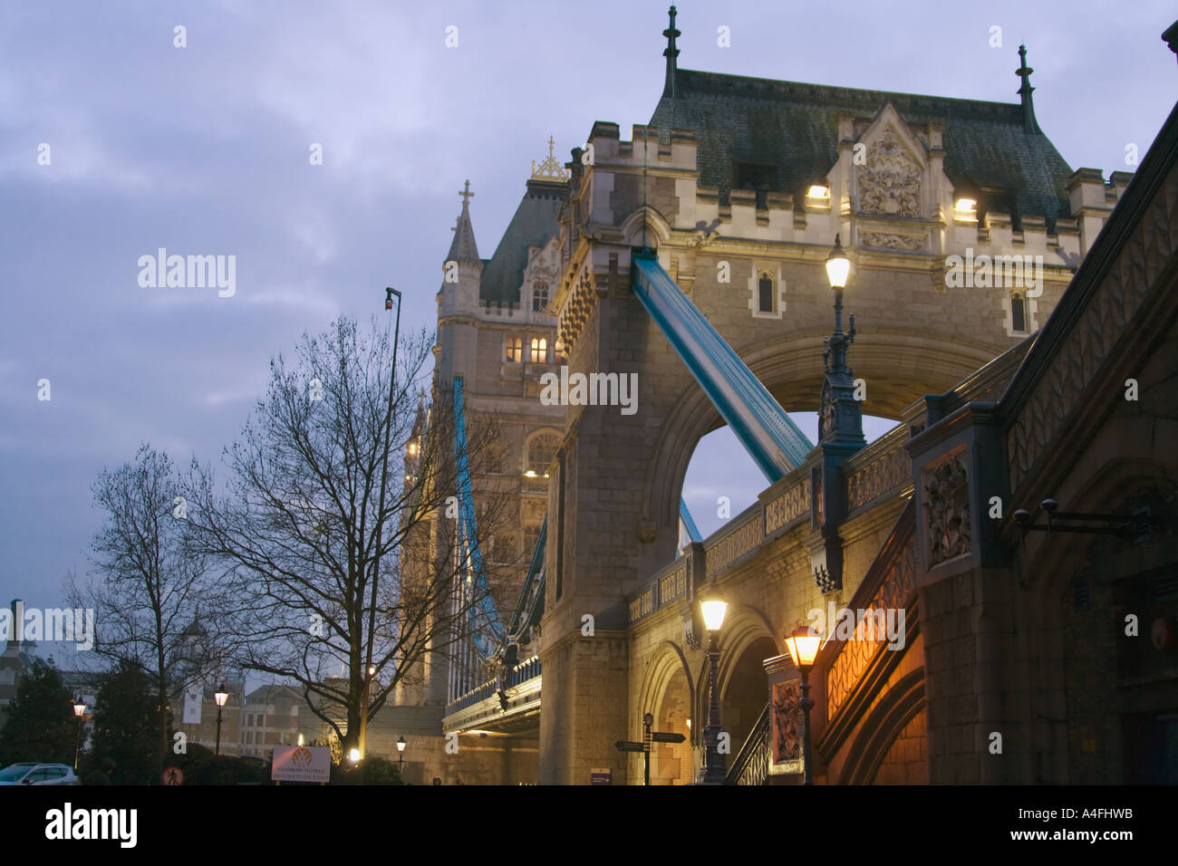 Tower Bridge on the River Thames in London, England side view lit up at ...