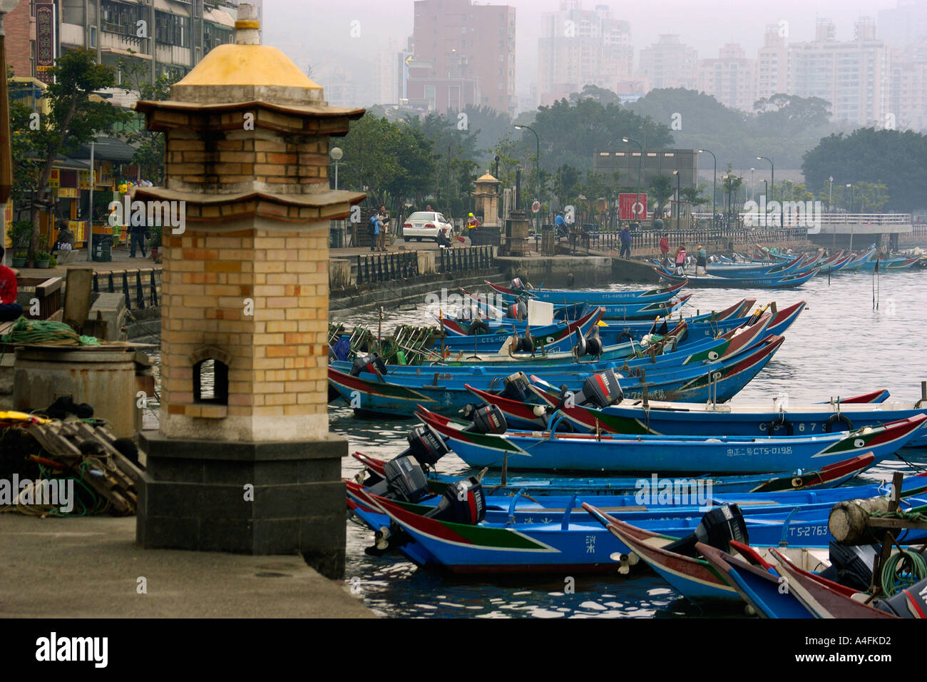 Boats moored along Danshui harbour Taipei Taiwan Republic of China ...