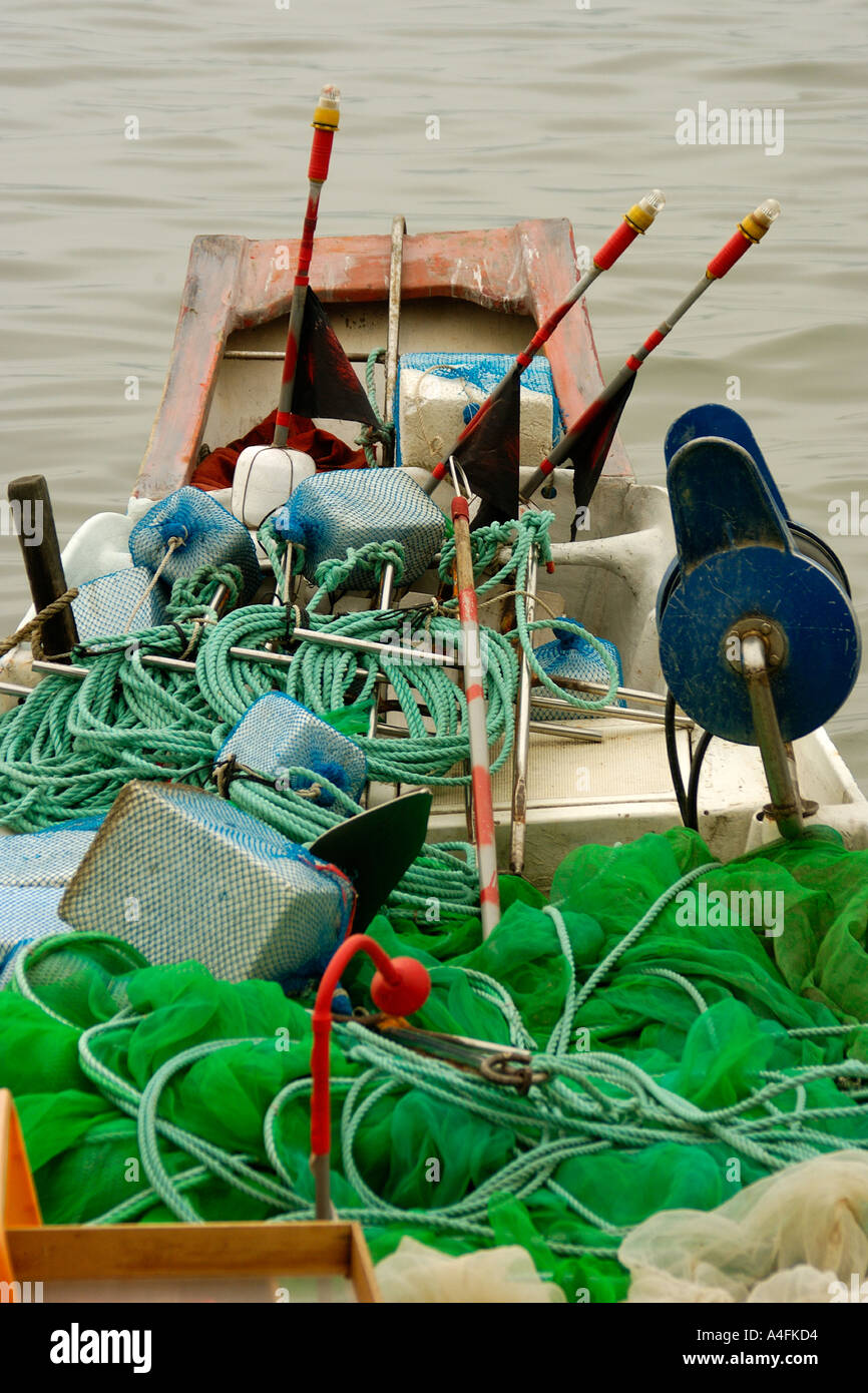 Fishing gear on boat moored along Danshui harbour Taipei Taiwan ...