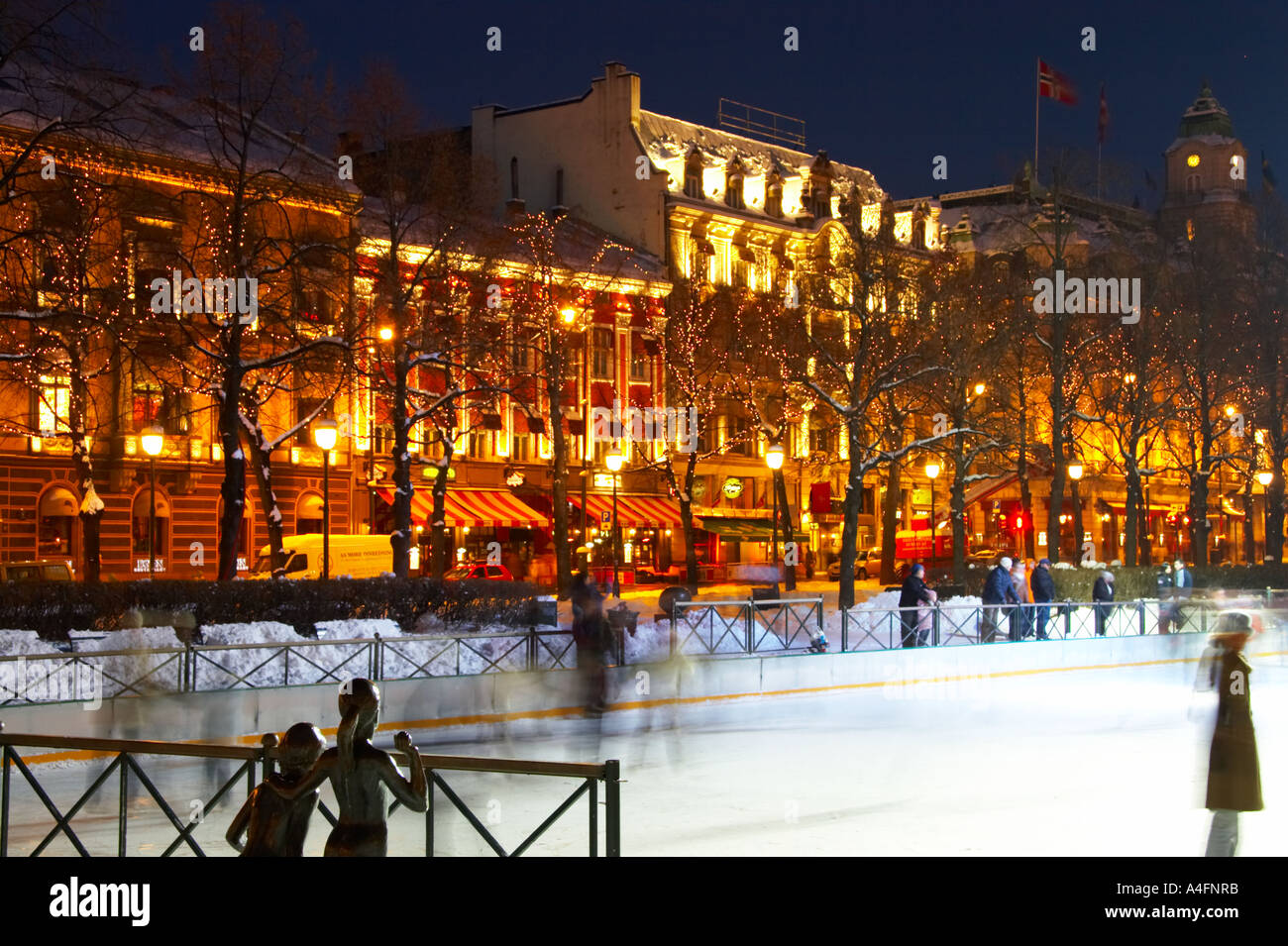 Norway, Oslo, Oslo City. Ice skating rink outside the National Theatre ...