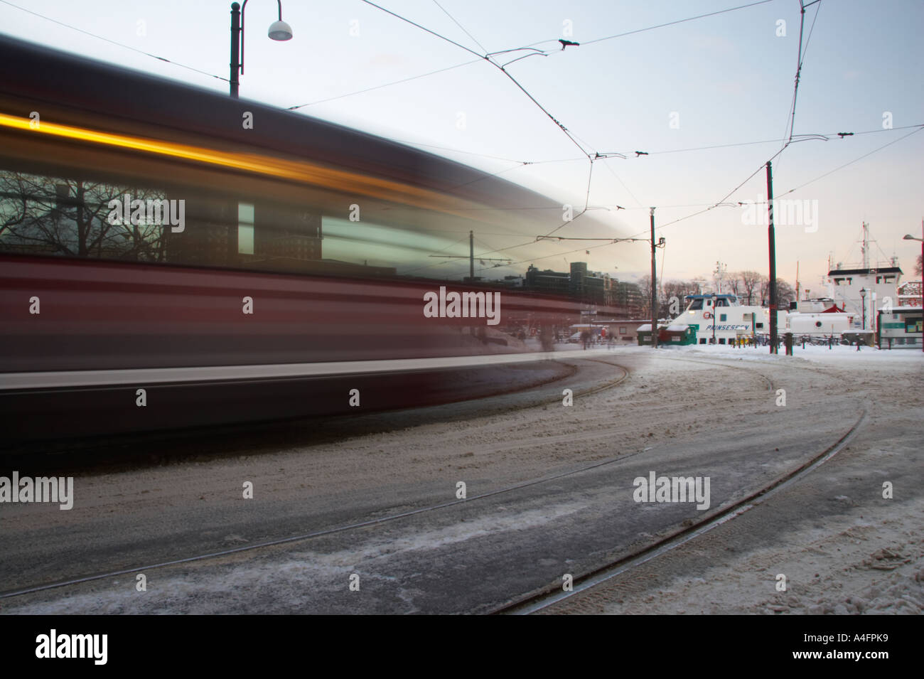 Norway, Oslo, Oslo City. Metro train and tram lines next to the Nobel ...