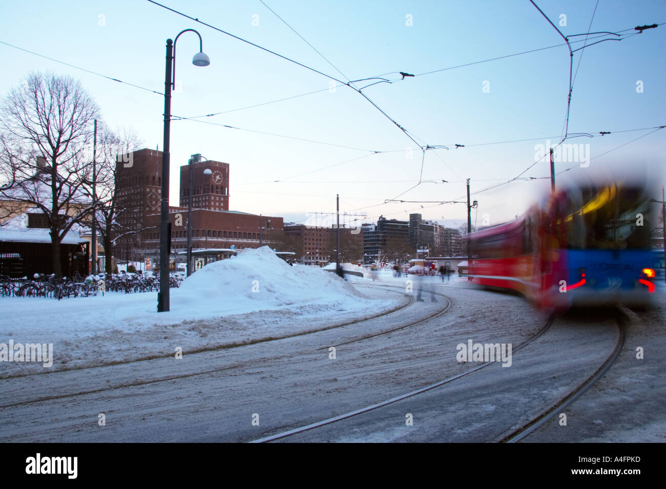 Norway, Oslo, Oslo City. Metro train and tram lines next to the Nobel ...