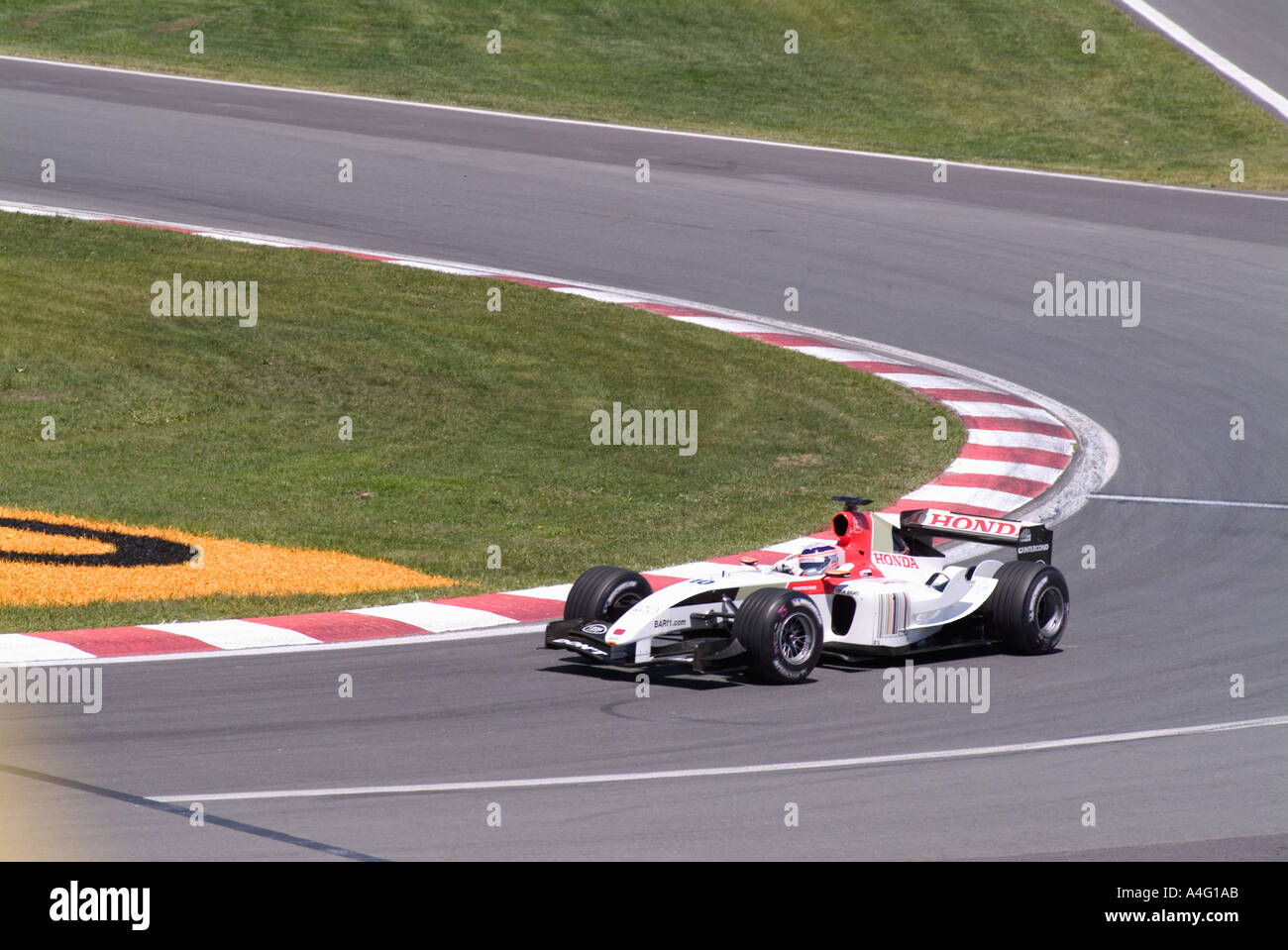 Formula 1 racing car Honda red white body in race at turn Gilles ...