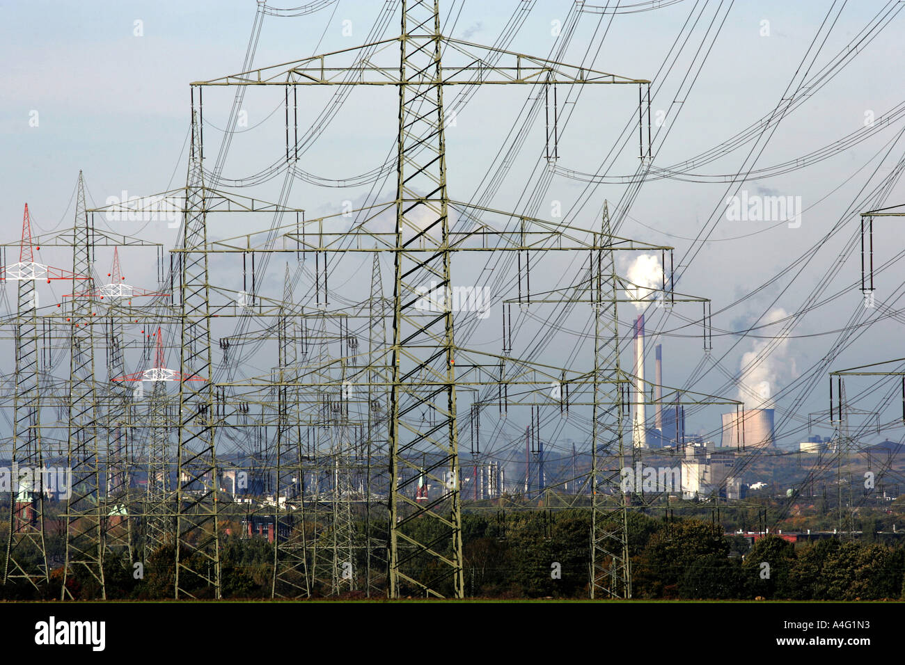 DEU, Germany, Bochum. high-voltage transmission lines, power station ...