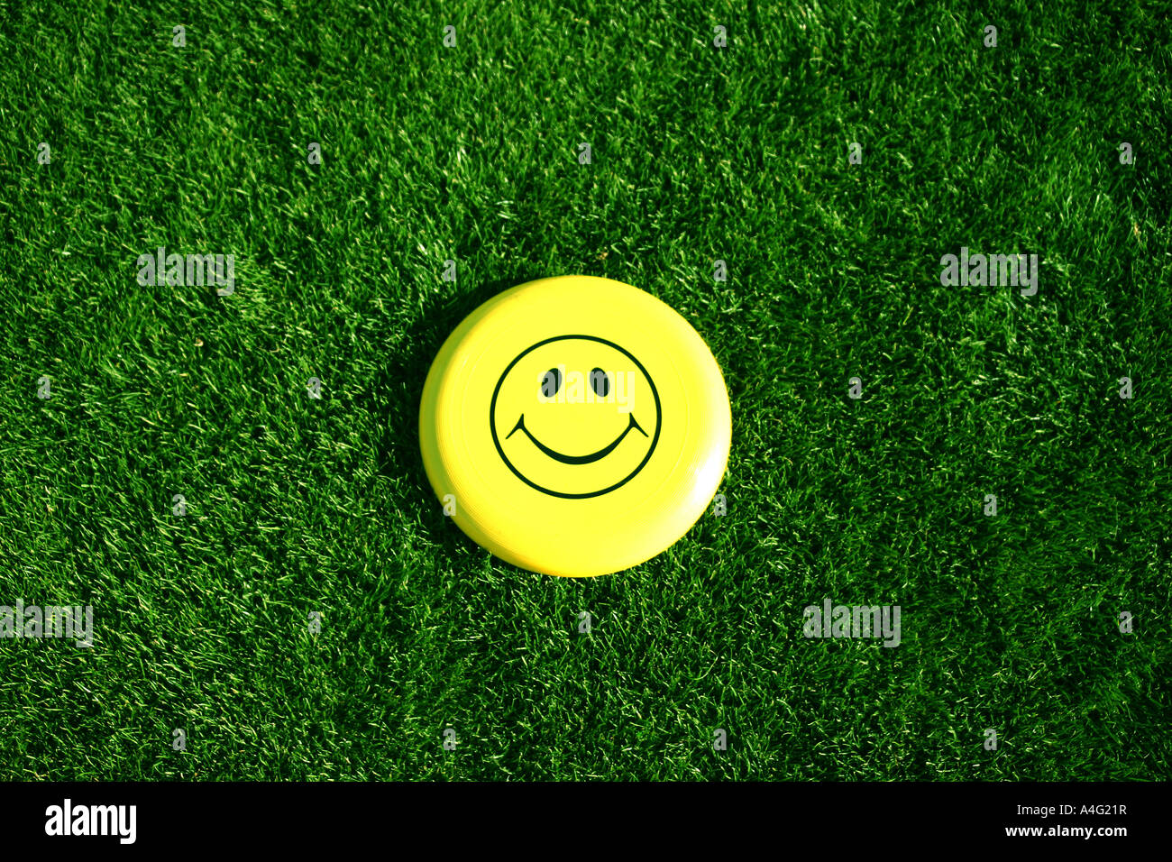 A Happy Face sits in the middle of a grass lawn in the summer Stock ...