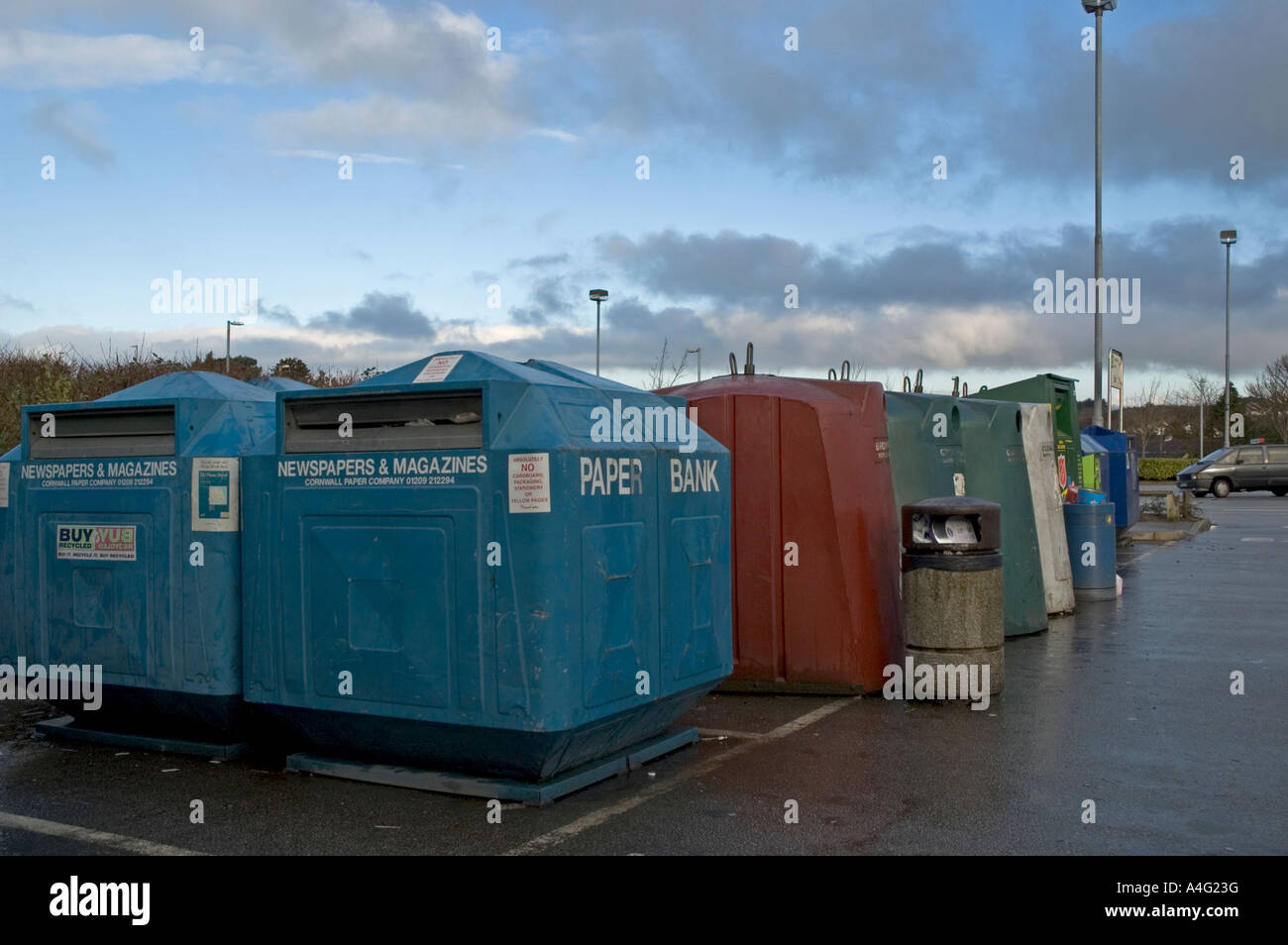 recycling bins in a supermarket car park in cornwall,england Stock ...