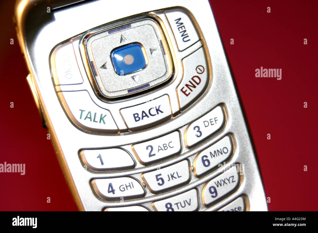 Close image of a silver cell phone on a red background Stock Photo - Alamy
