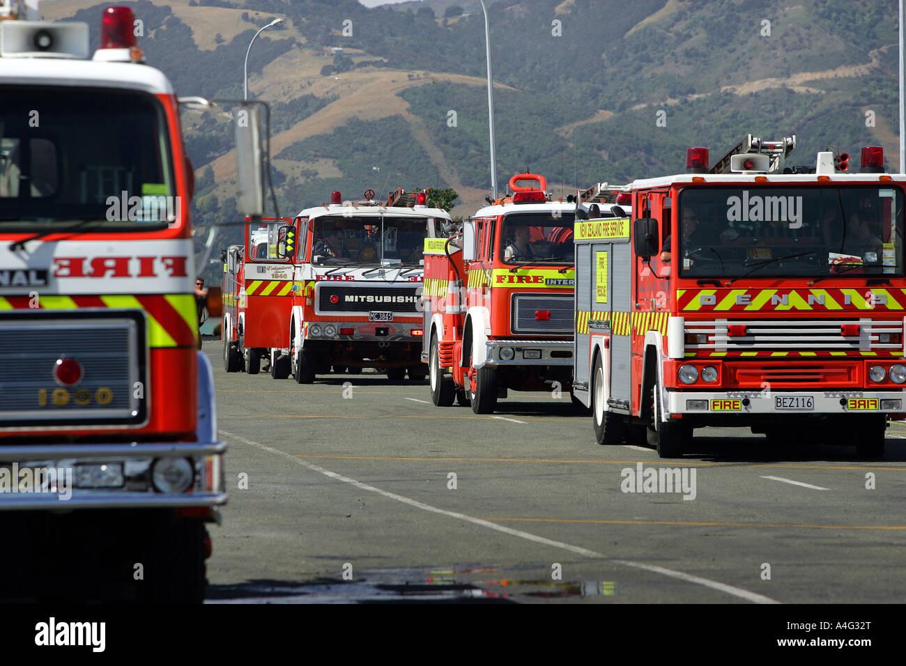 New Zealand fire trucks engines on Port Nelson Nelson City quay where ...