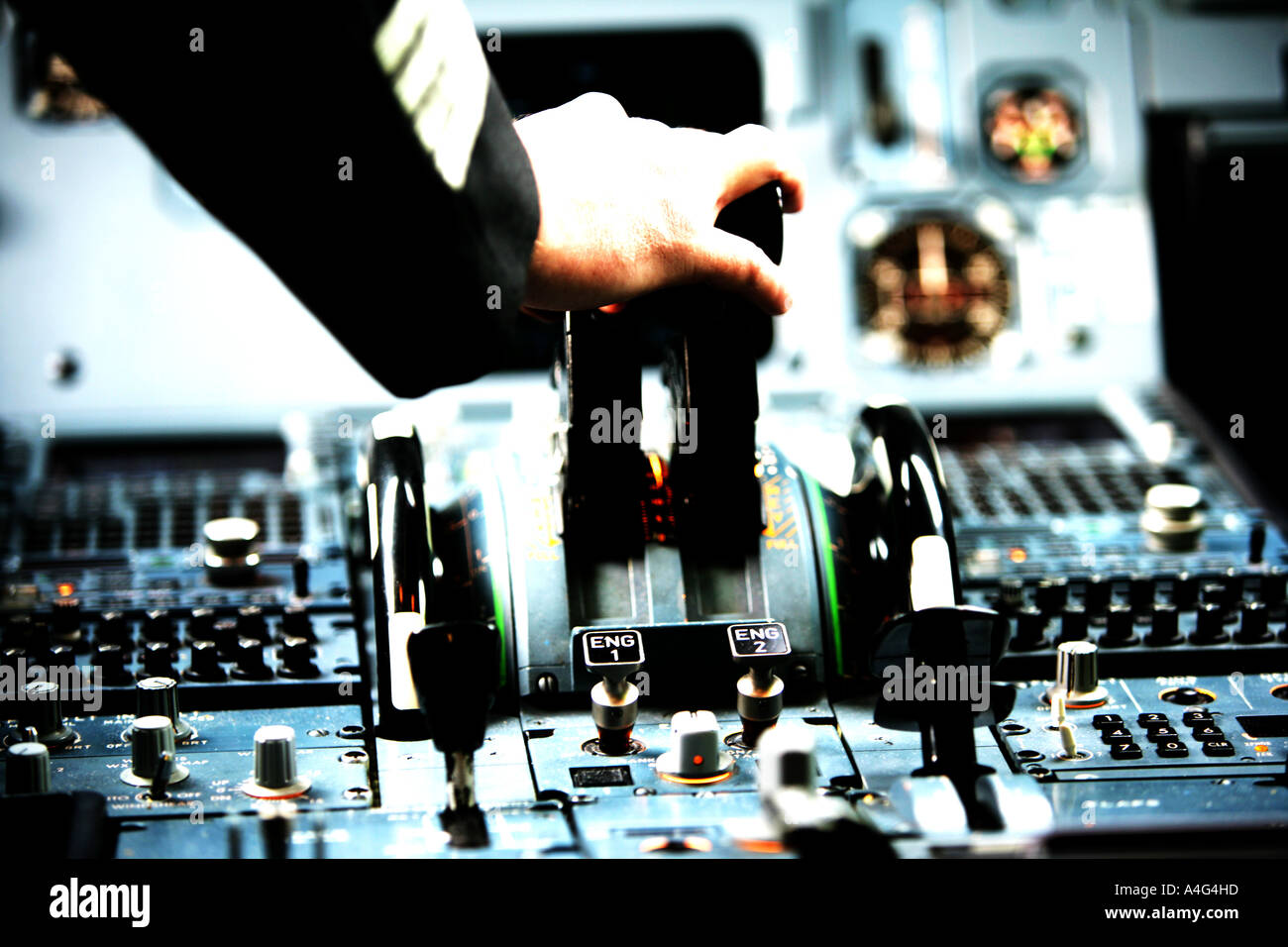 DEU Germany Pilot in cockpit of an Airbus A319 take off engine power ...