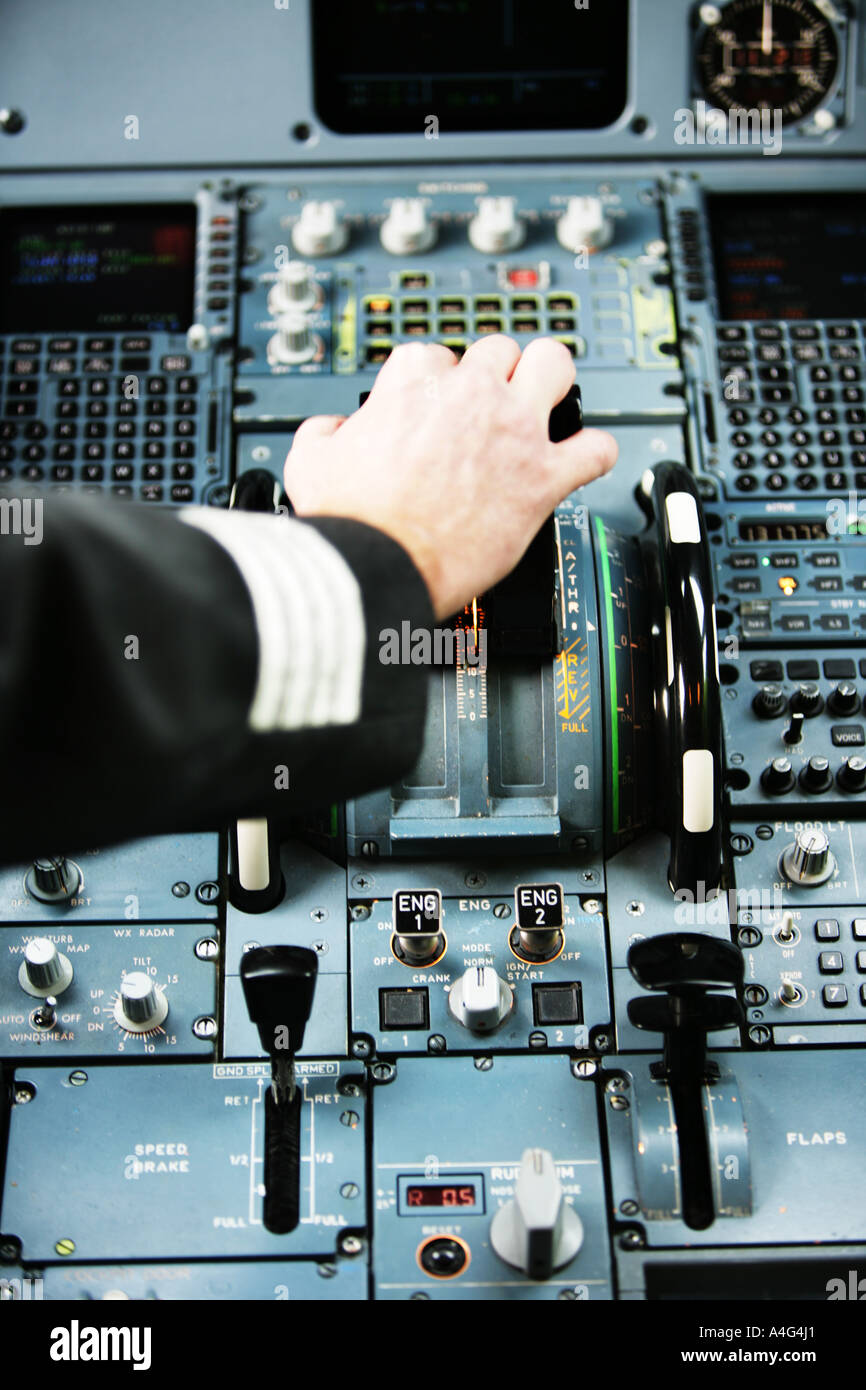 DEU Germany Pilot in cockpit of an Airbus A319 take off engine power ...