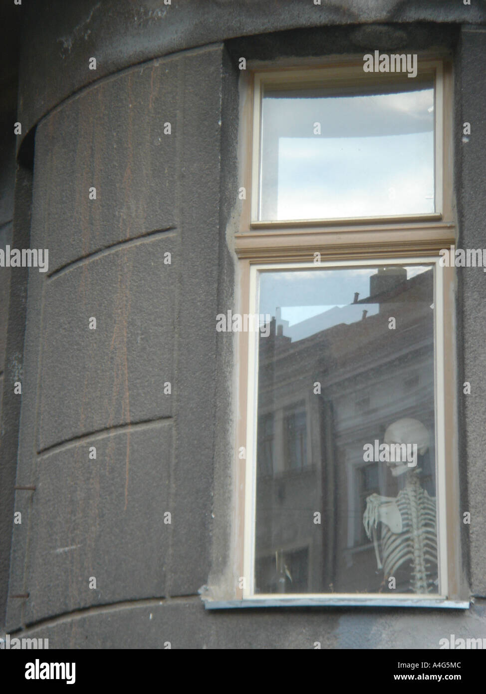 Skeleton looking through window, Vinohrady, Prague, Czech Republic ...