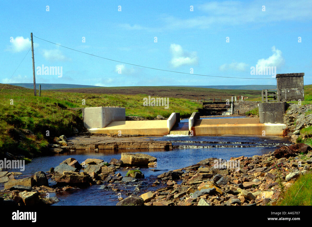 River guaging station Trout Beck River Tees northern Pennines England ...