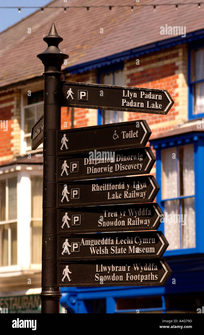 Bilingual Welsh English language tourist direction brown sign at ...