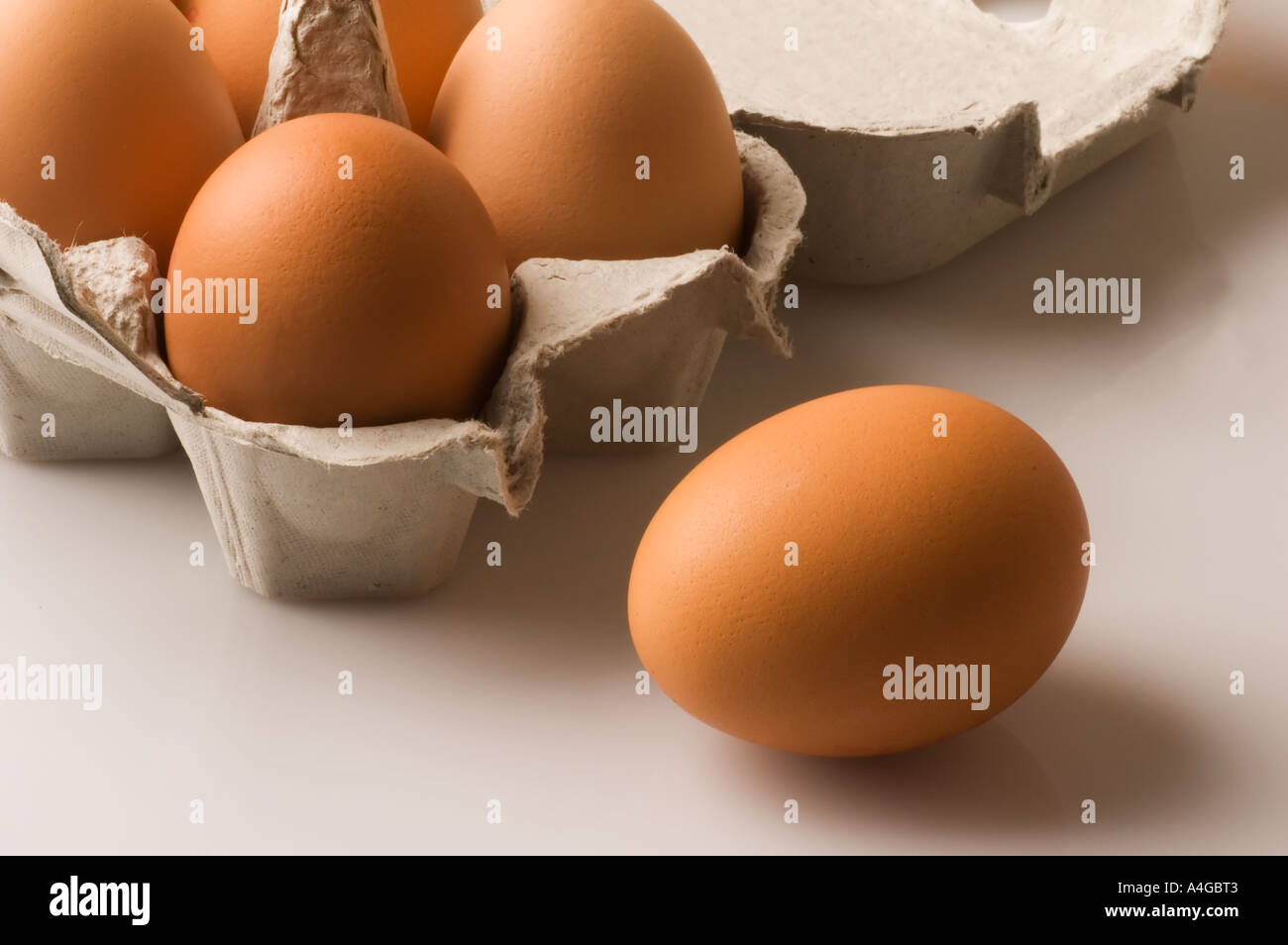 A single egg next to to a full box on a plain surface Stock Photo - Alamy