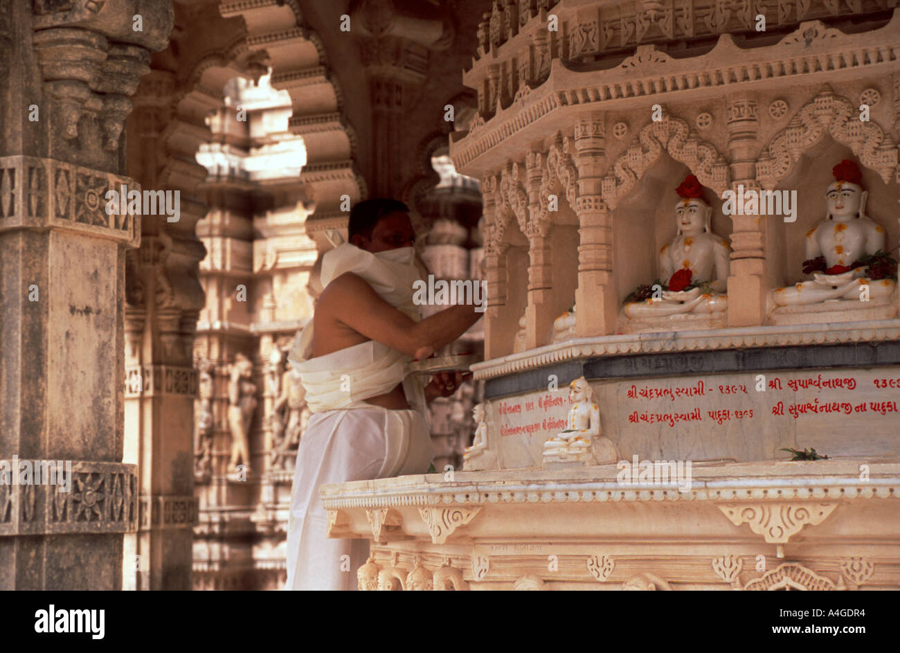 Jain man with covered mouth making an offering at Shatrunjaya hill Gujarat India Stock Photo - Alamy
