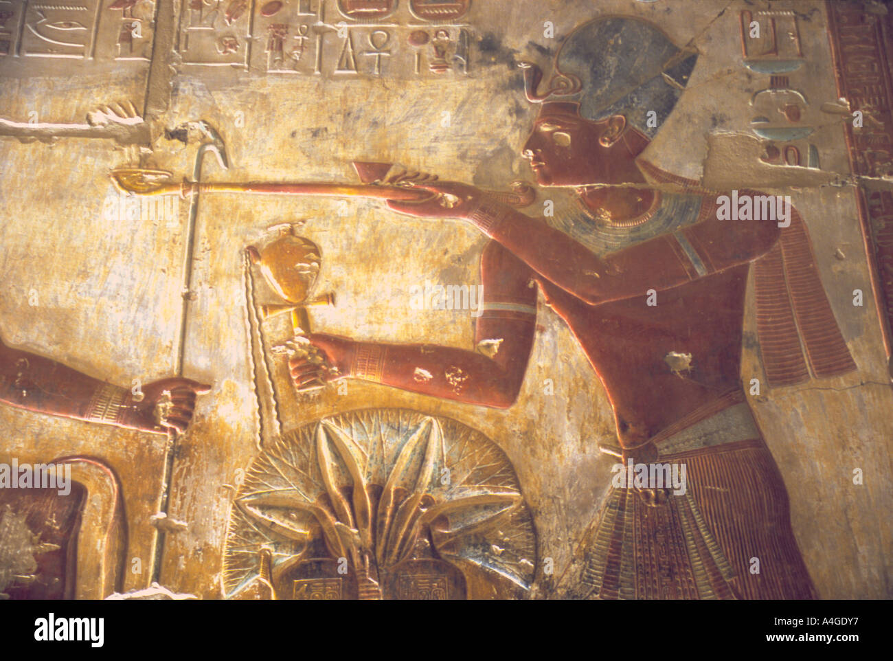Painted bas relief in temple of Seti I, Abydos, Egypt Stock Photo - Alamy