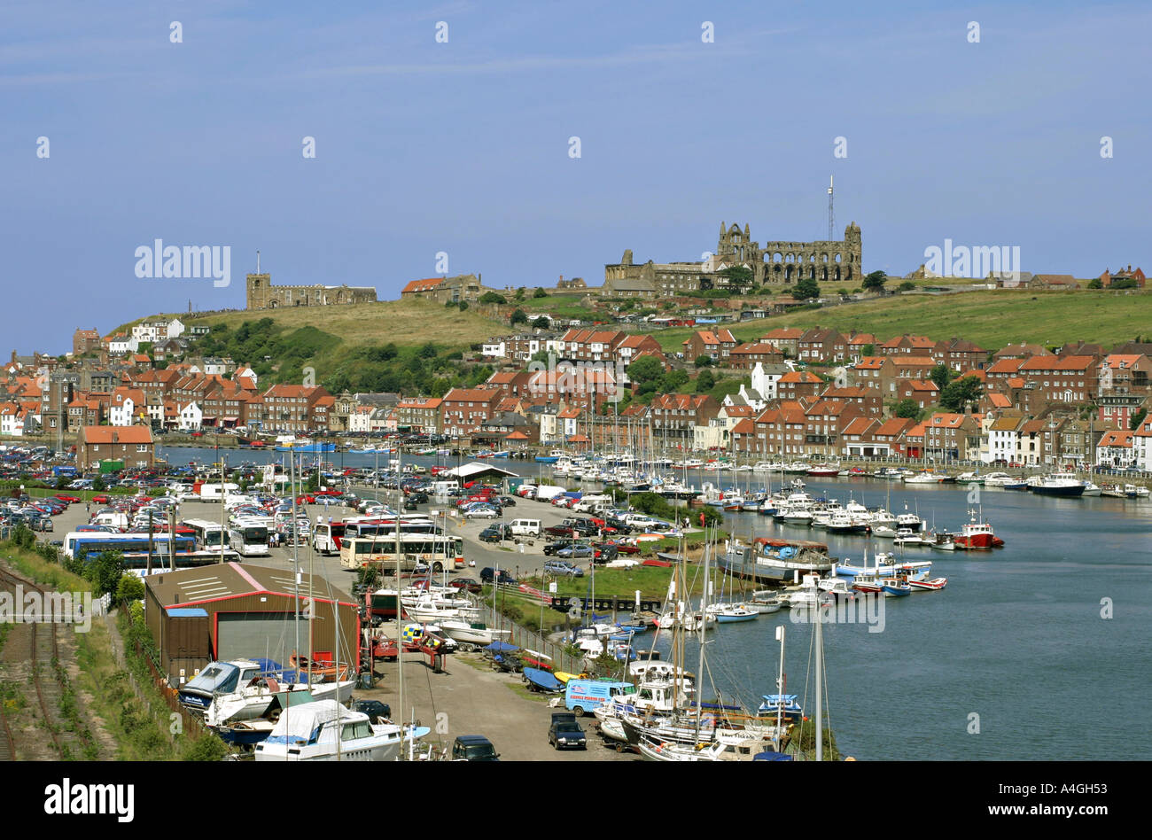 Whitby North Yorkshire UK View of Upper Harbour and Abbey from the New ...