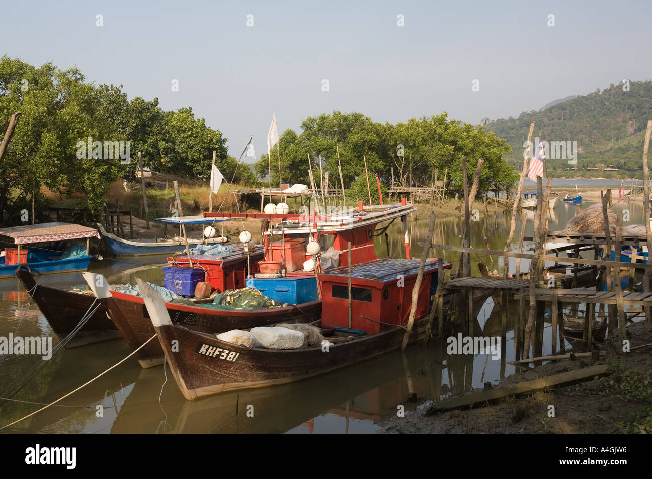 Malaysia Kedah Langkawi Langkasuka fishing boats on the river Stock ...