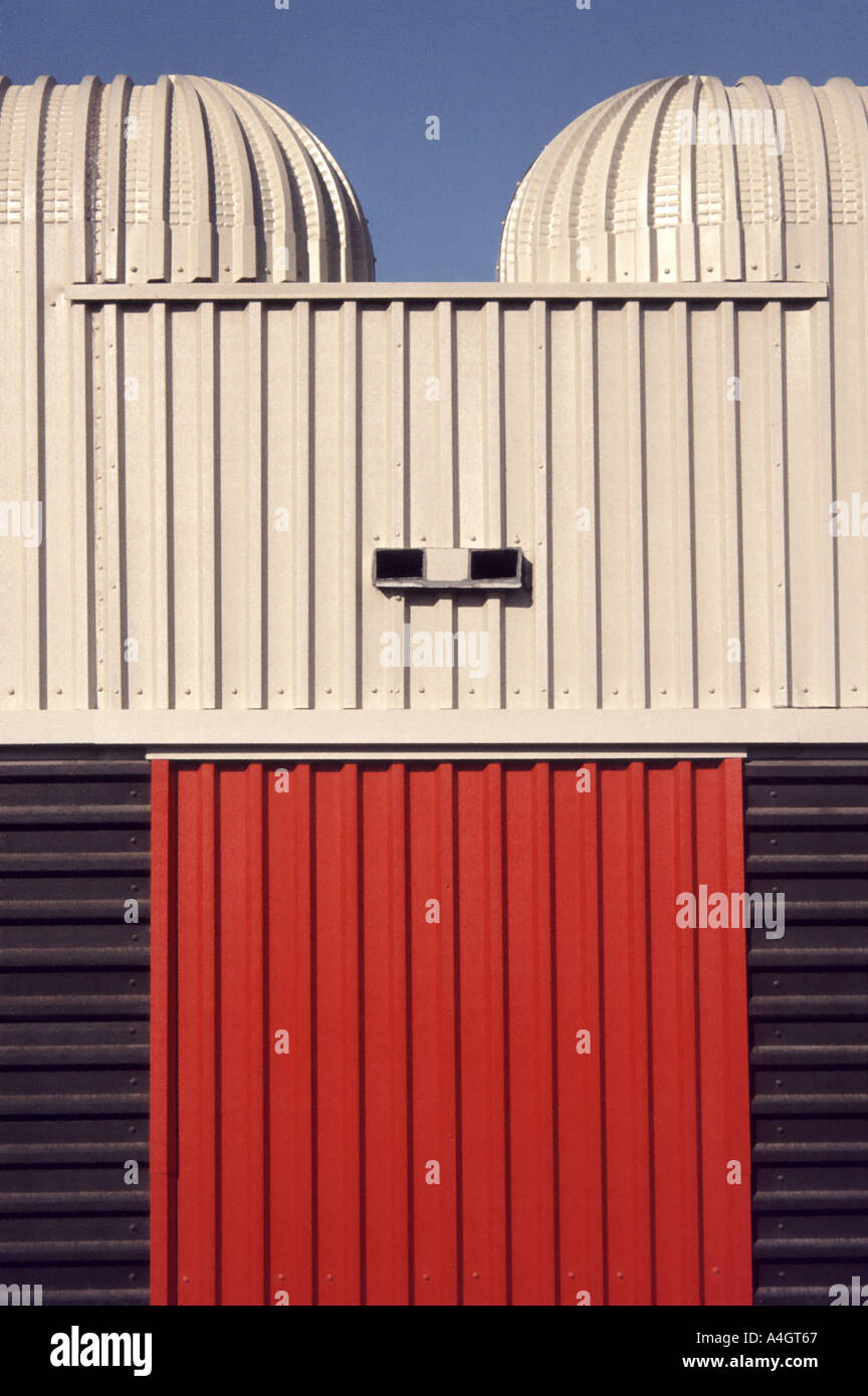 Close up of part of corrugated sheet metal cladding on light industrial ...