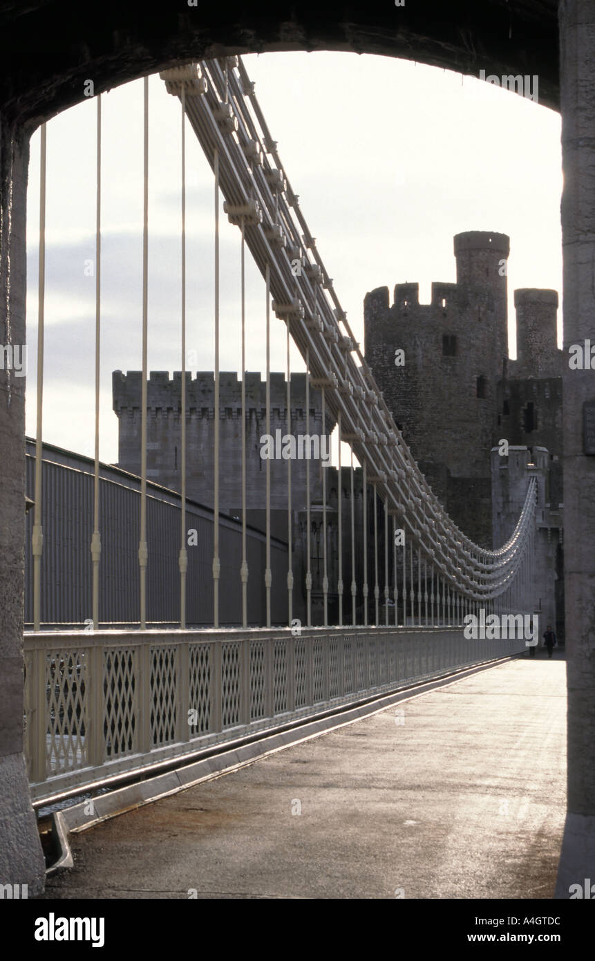 Thomas Telford original Conwy road suspension bridge above the River ...